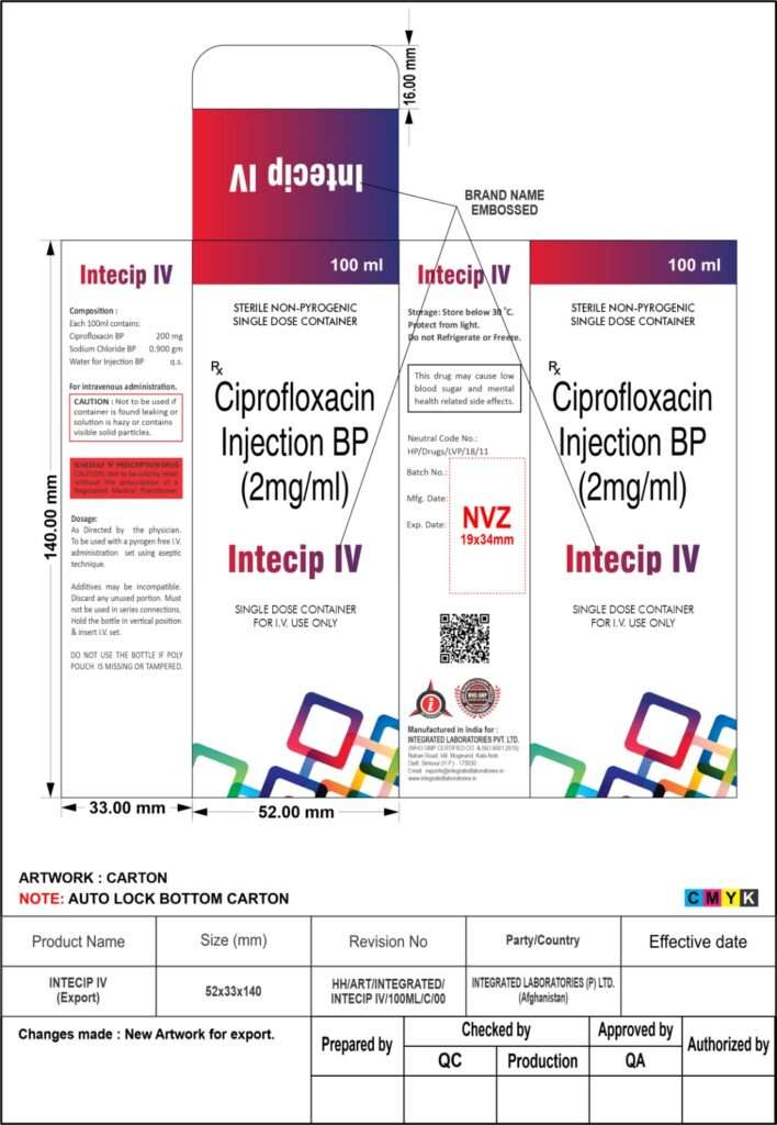 Ciprofloxacin Infusion (Intecip IV-2mg) - Integrated laboratories Pvt. Ltd.